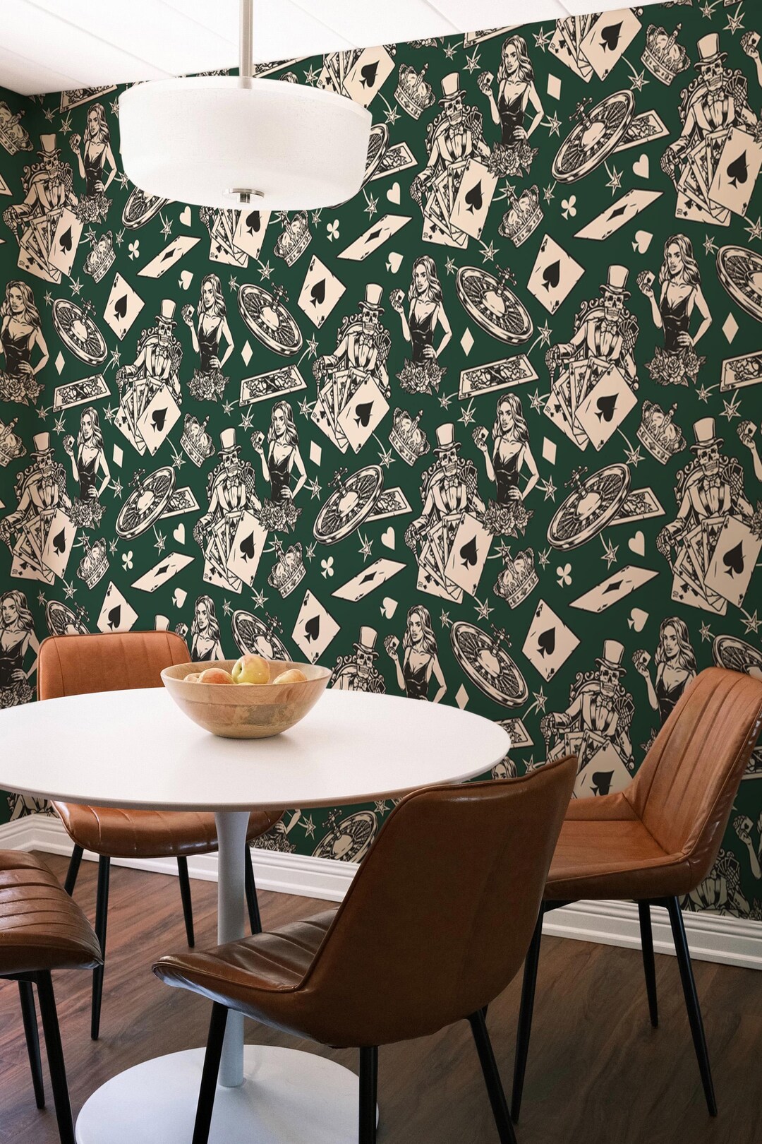 Green Casino Icons Wallpaper Mural: Vintage Line Art Gambling Glamour ...