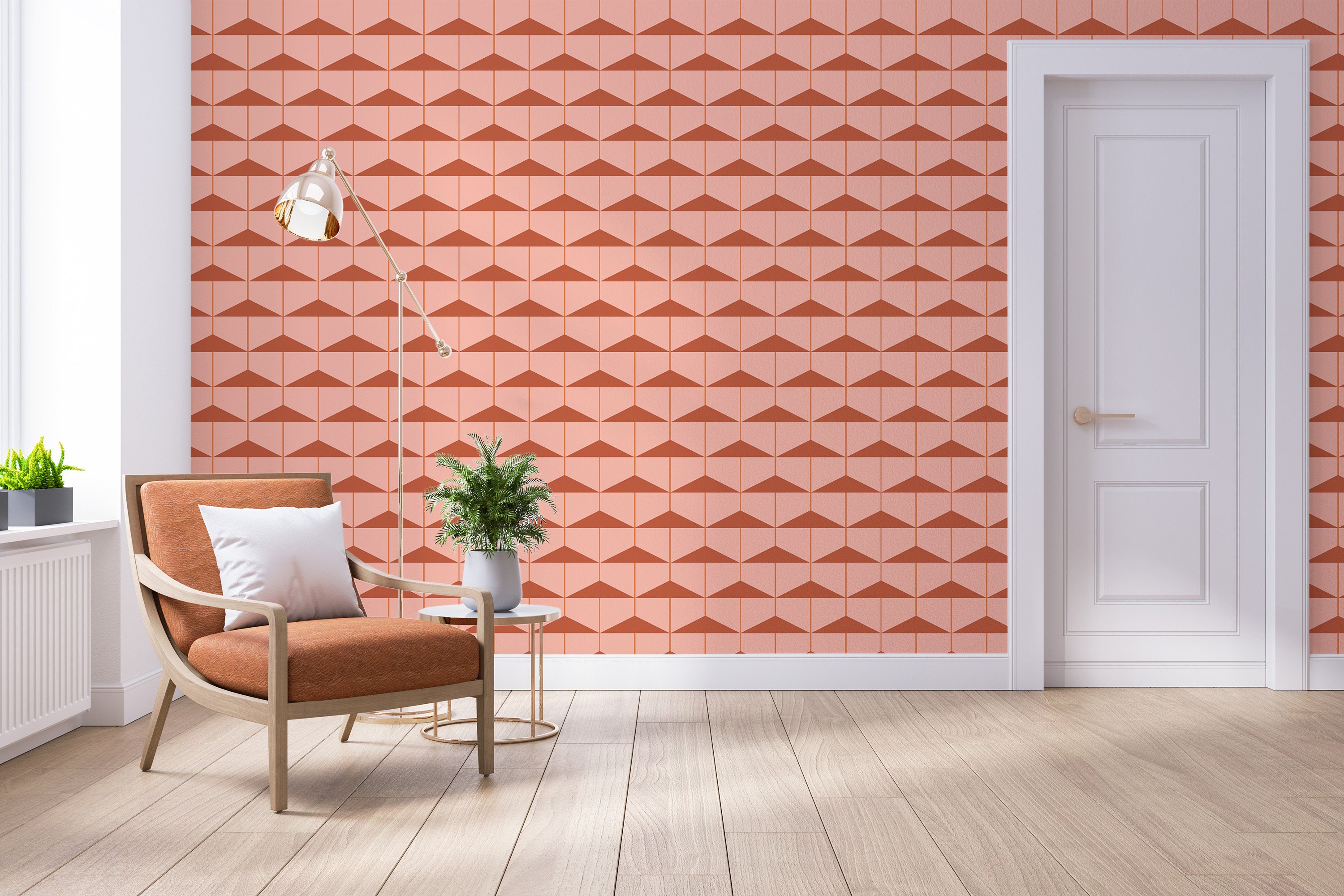 Terracotta Triangles on Pink Wallpaper - Peel and Stick Wallpaper or ...