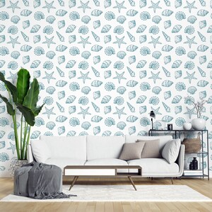 Blue Seashell Peel and Stick Wallpaper / Sea Life Removable Wallpaper ...
