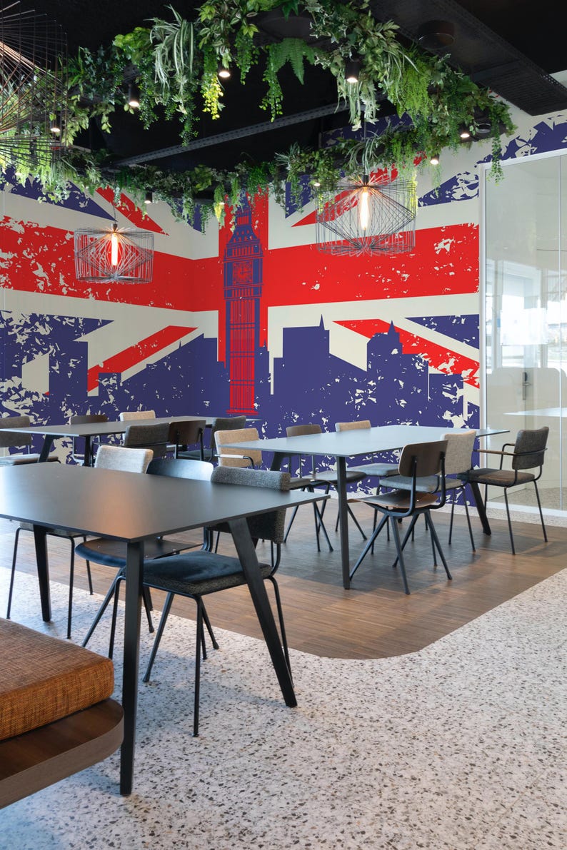 Union Jack Skyline Wallpaper Mural: Vintage London Grunge Silhouette ...