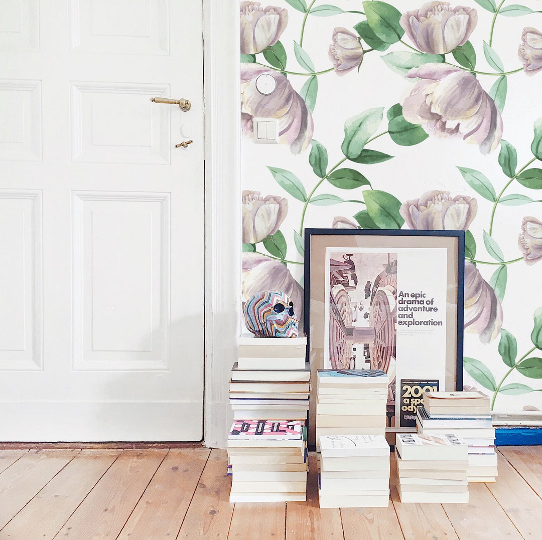 Purple Floral Peel and Stick Wallpaper / Peony Removable Wallpaper ...