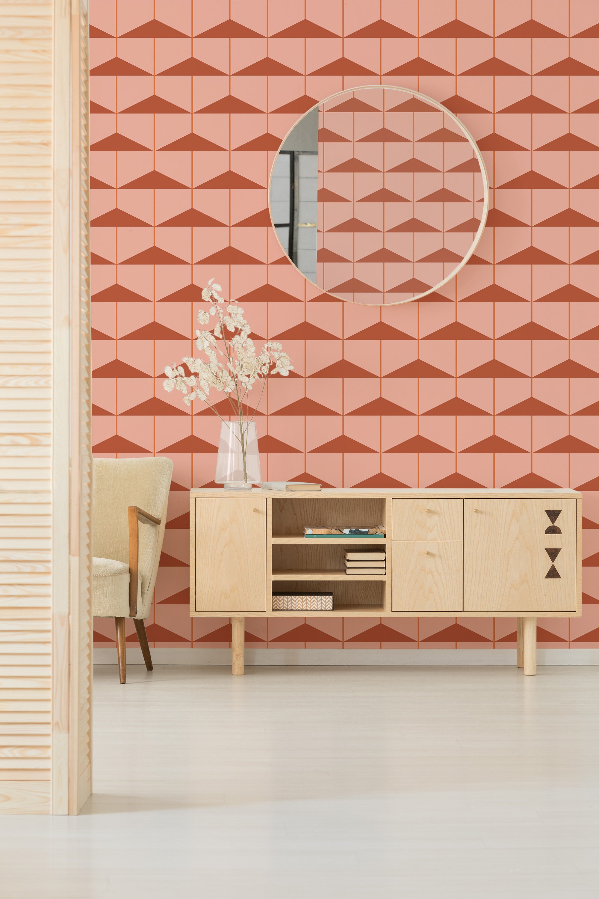 Terracotta Triangles on Pink Wallpaper - Peel and Stick Wallpaper or ...