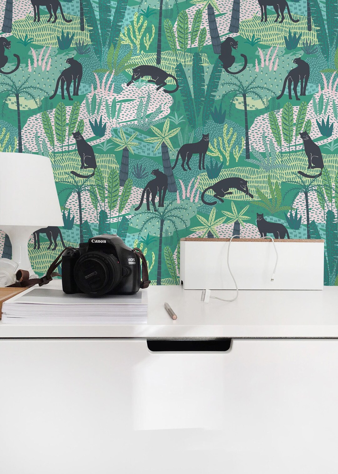 Green Cat Peel and Stick Wallpaper / Illustrated Leopard Removable ...