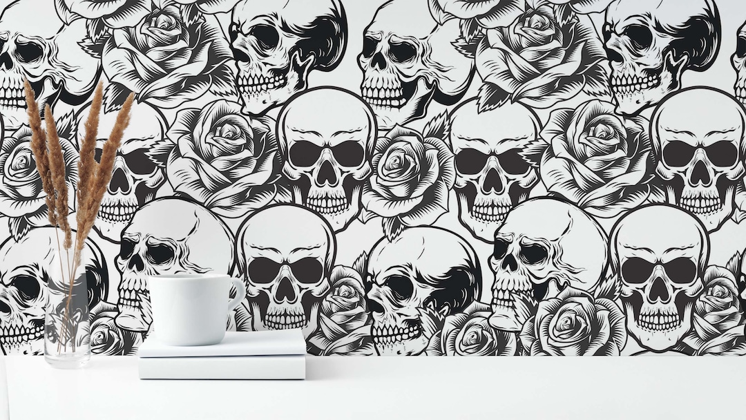 Black Skull Peel and Stick Wallpaper / Rose Removable Wallpaper / Black ...