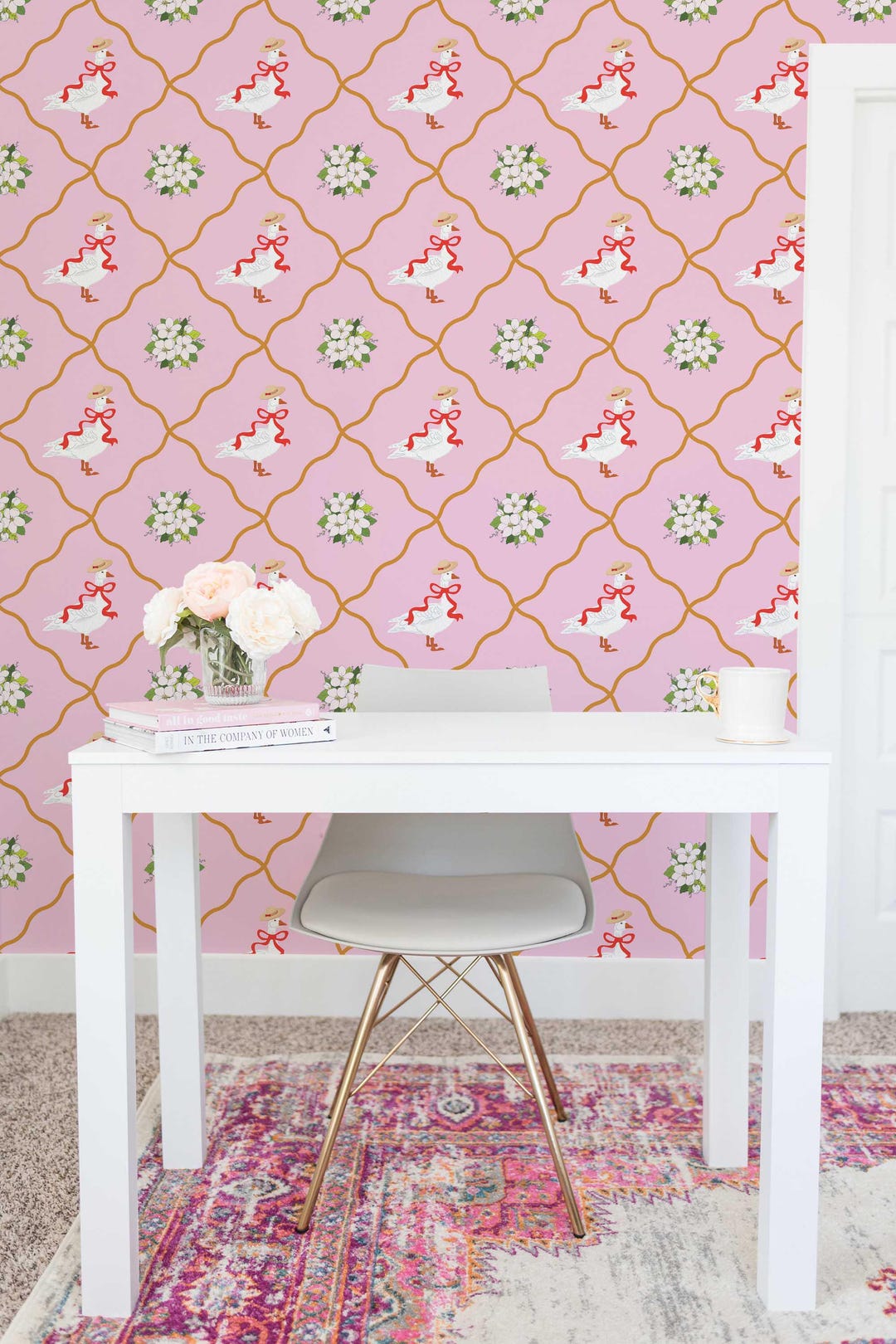 Pink Goose Wallpaper | Floral Bird Peel and Stick Removable Fabric or ...