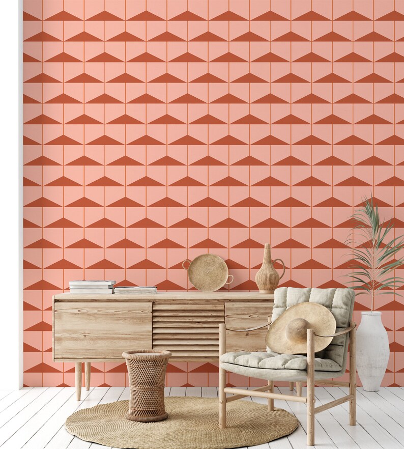 Terracotta Triangles on Pink Wallpaper - Peel and Stick Wallpaper or ...