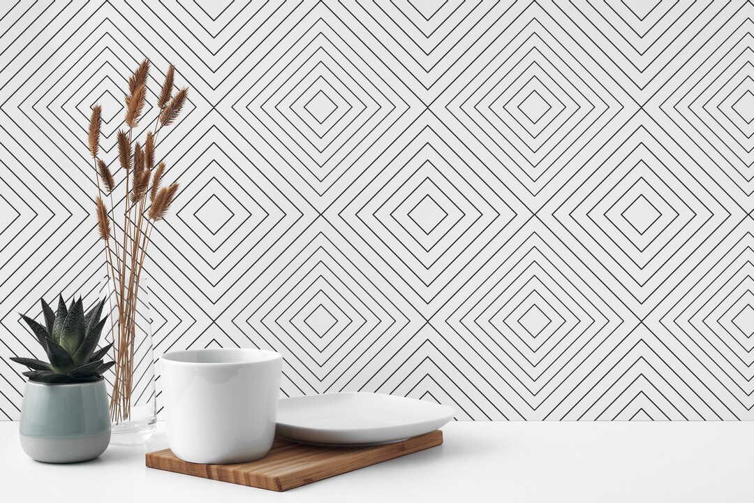 Black and White Diamond Wallpaper: Minimalist Line Pattern (peel and ...