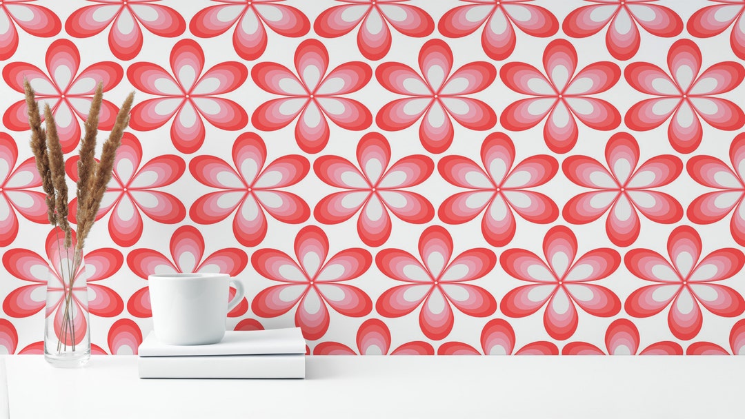 Pink and Red Retro Peel and Stick Wallpaper / Floral Removable ...