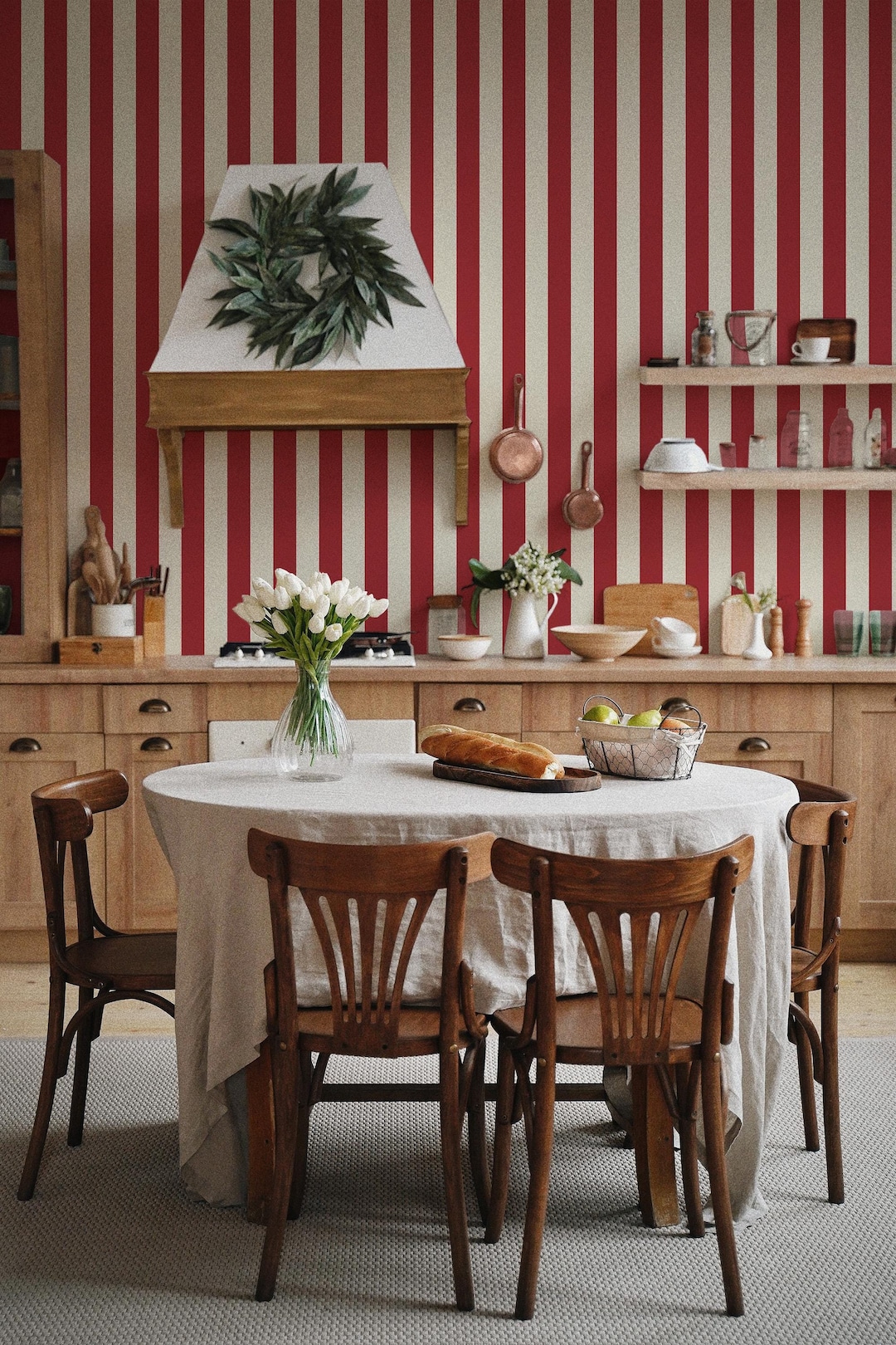 Vintage Red Cream Stripes Kitchen Wallpaper | Bold Vertical Stripe ...