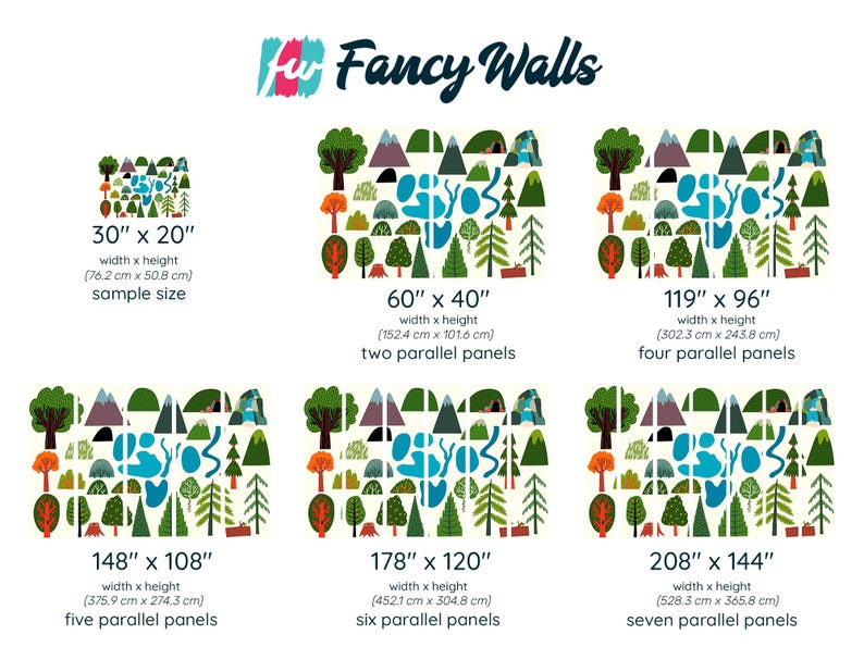 Green Woodland Wallpaper Mural: Modern Playful Mountain River Collage ...