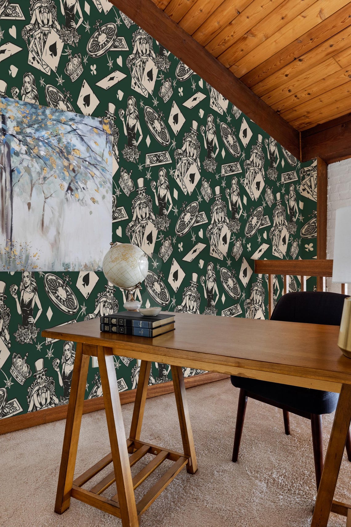 Green Casino Icons Wallpaper Mural: Vintage Line Art Gambling Glamour ...
