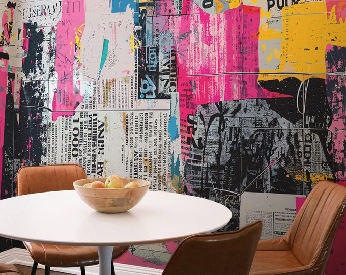 Newspaper Graffiti Collage Peel and Stick Wallpaper / Urban Wall Mural ...