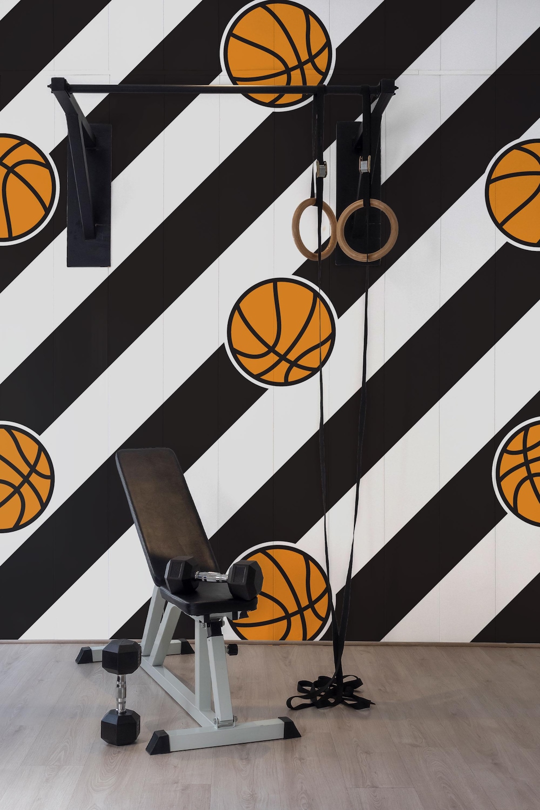 Basketball Stripe Peel and Stick Wallpaper / B&W Sports Wall Mural ...