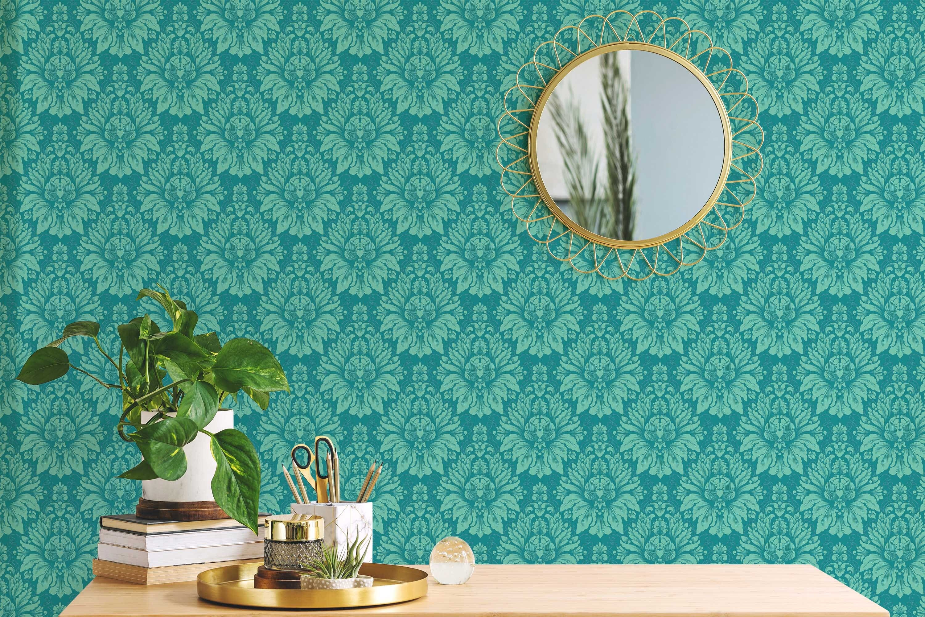 Turquoise Damask Wallpaper