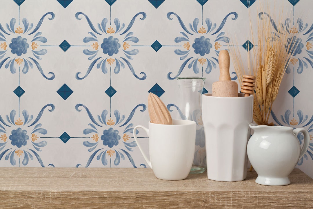 Antique Tile Wallpaper: Blue Floral Tile Pattern (peel and Stick or Non ...