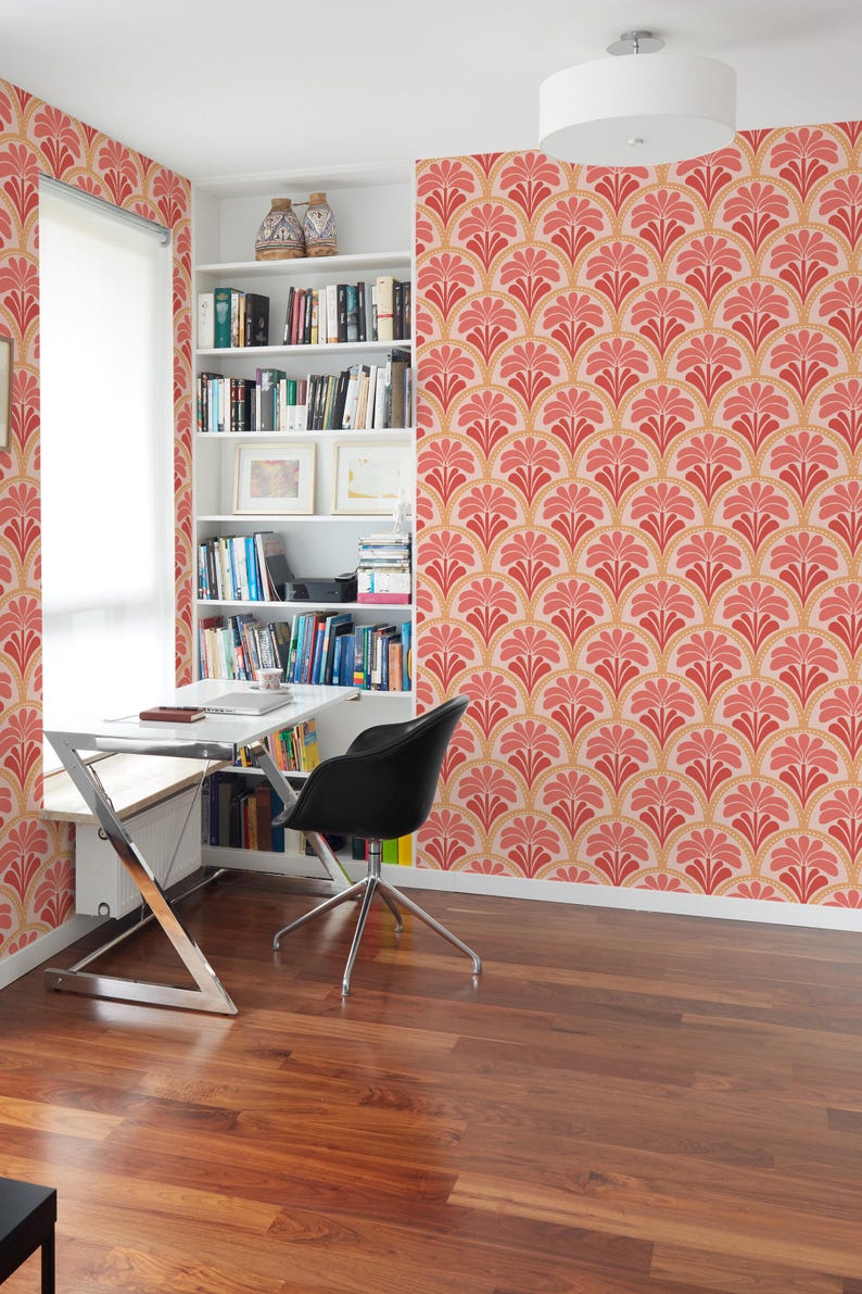 Coral Bold Wallpaper | Red Art Deco Peel and Stick Removable Fabric or ...