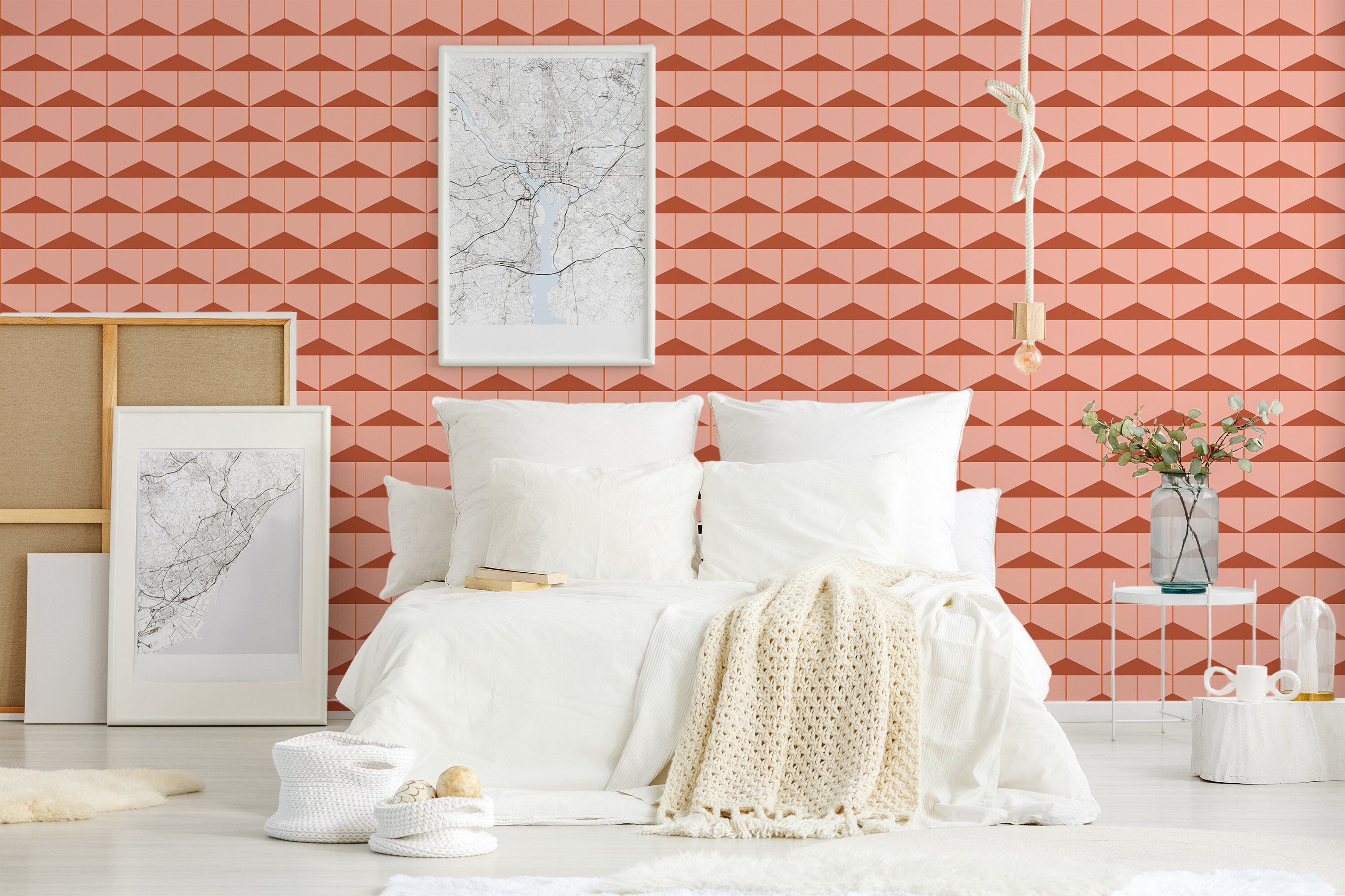 Terracotta Triangles on Pink Wallpaper - Peel and Stick Wallpaper or ...