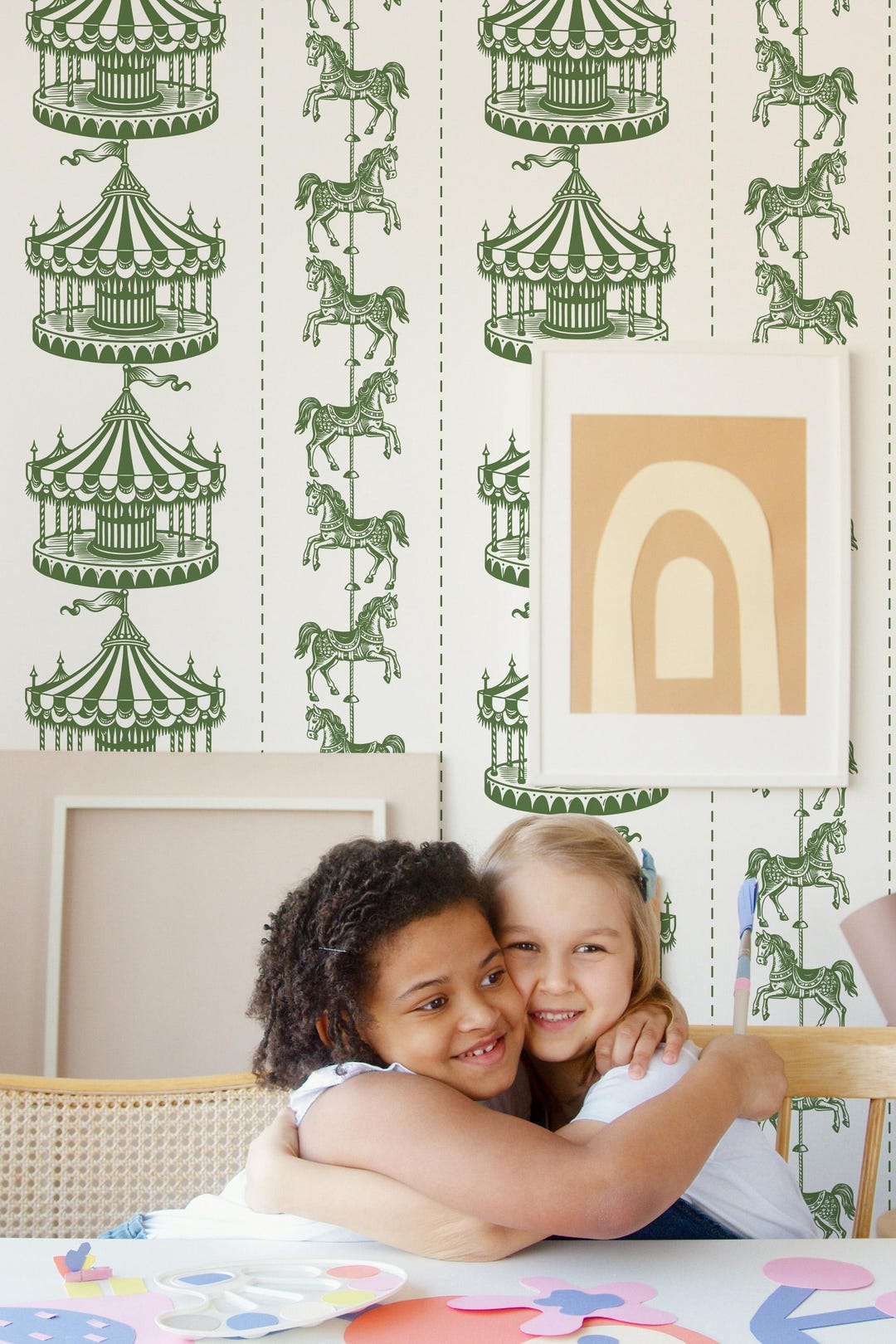 Green Carousel Wallpaper | Vintage Peel and Stick Removable Fabric or ...