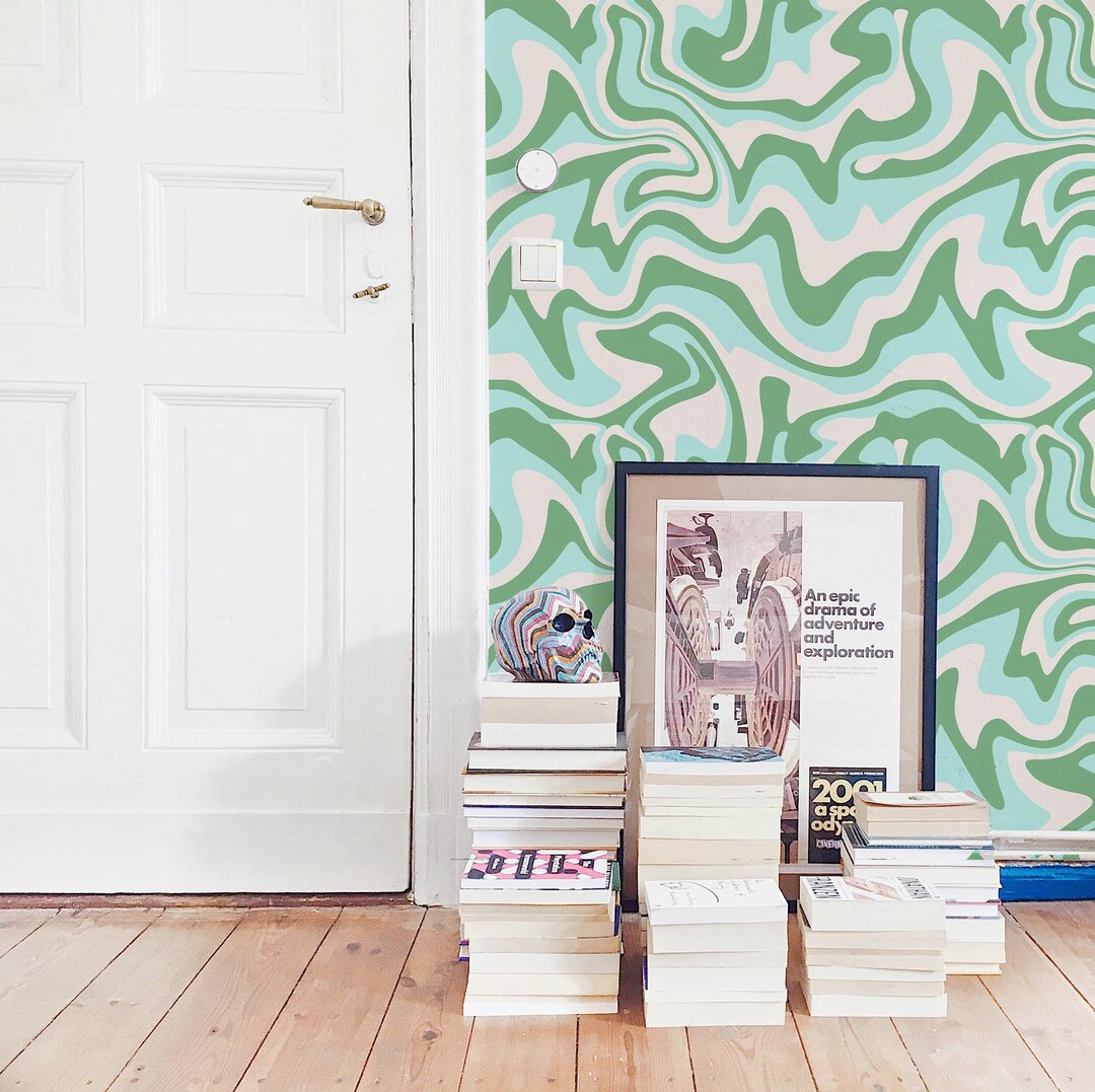 Green Groovy Peel and Stick Wallpaper / Abstract Removable Wallpaper ...