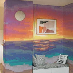 Pixel Sunset Wallpaper Mural: Retro Ocean Horizon Glow (peel and Stick ...