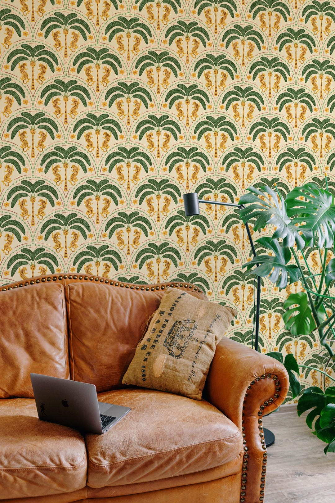 Yellow Art Deco Leopard Wallpaper | Tropical Wildcat Pattern Peel and ...