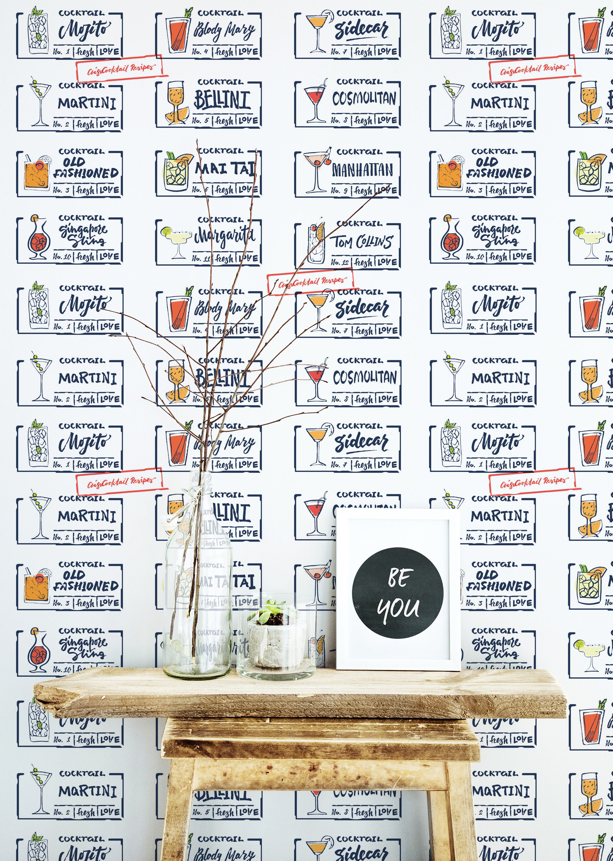 Cocktail Peel and Stick Wallpaper / Pattern Removable Wallpaper / White ...