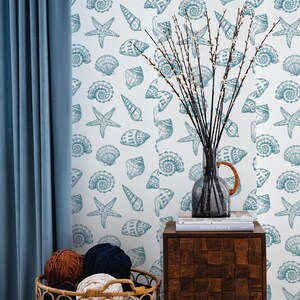 Blue Seashell Peel and Stick Wallpaper / Sea Life Removable Wallpaper ...