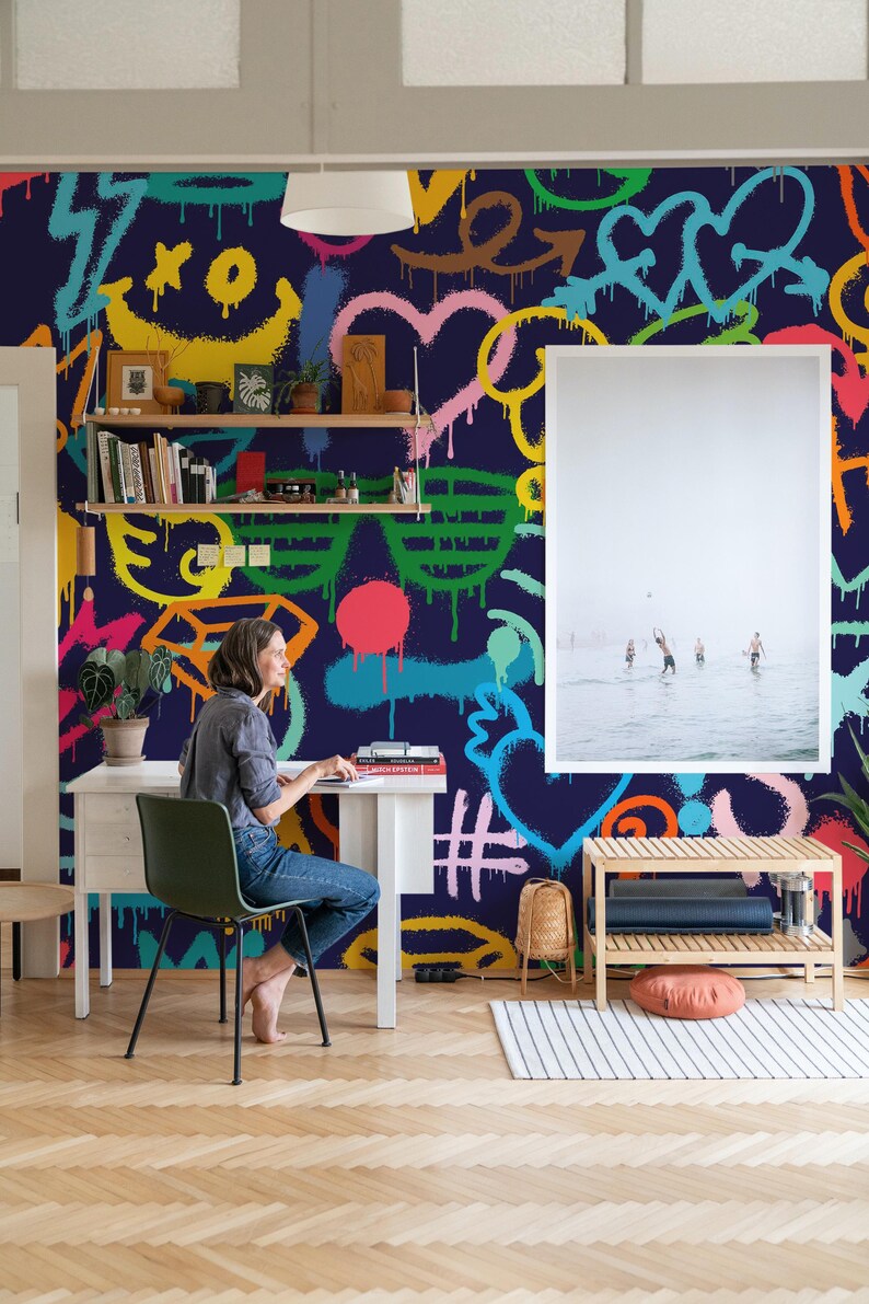 Graffiti Doodles Wallpaper Mural: Neon Drips and Street Energy (peel ...
