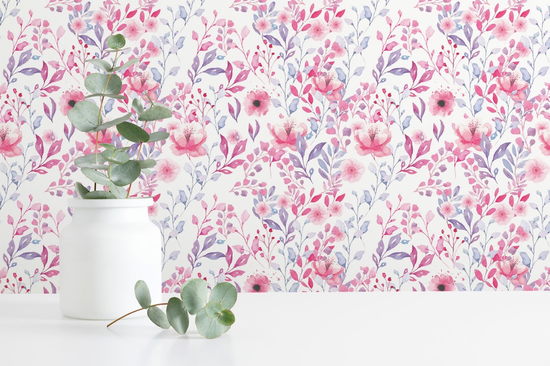 Pink Watercolor Botanical Wallpaper: Airy Floral Pattern (peel and ...