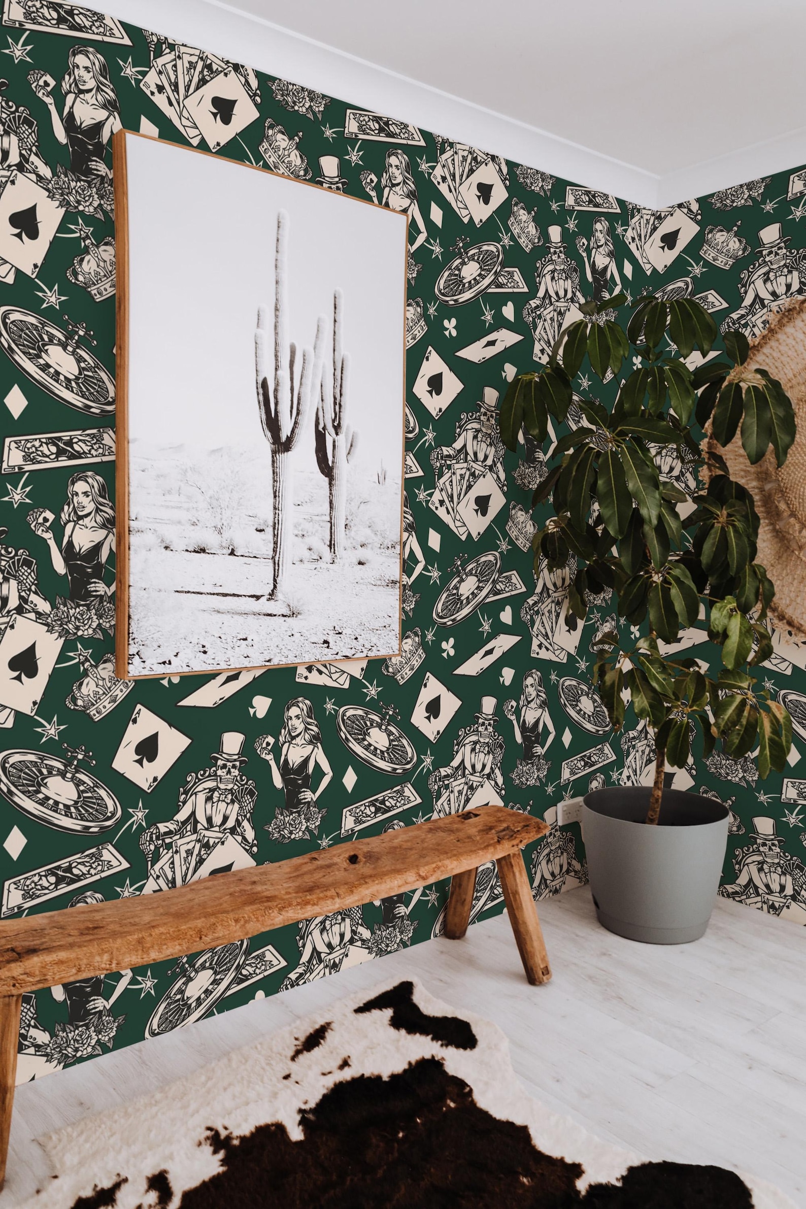 Green Casino Icons Wallpaper Mural: Vintage Line Art Gambling Glamour ...