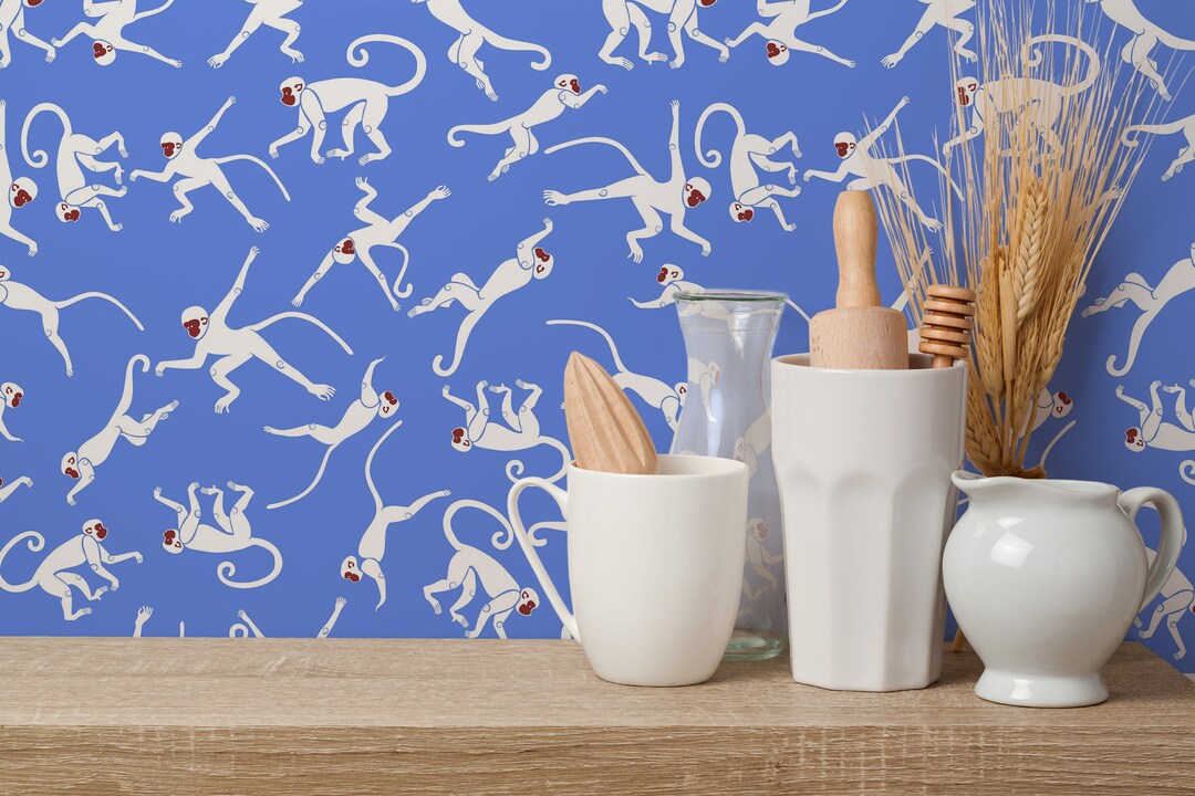 Blue Monkey Peel and Stick Wallpaper / Funky Removable Wallpaper / Blue ...