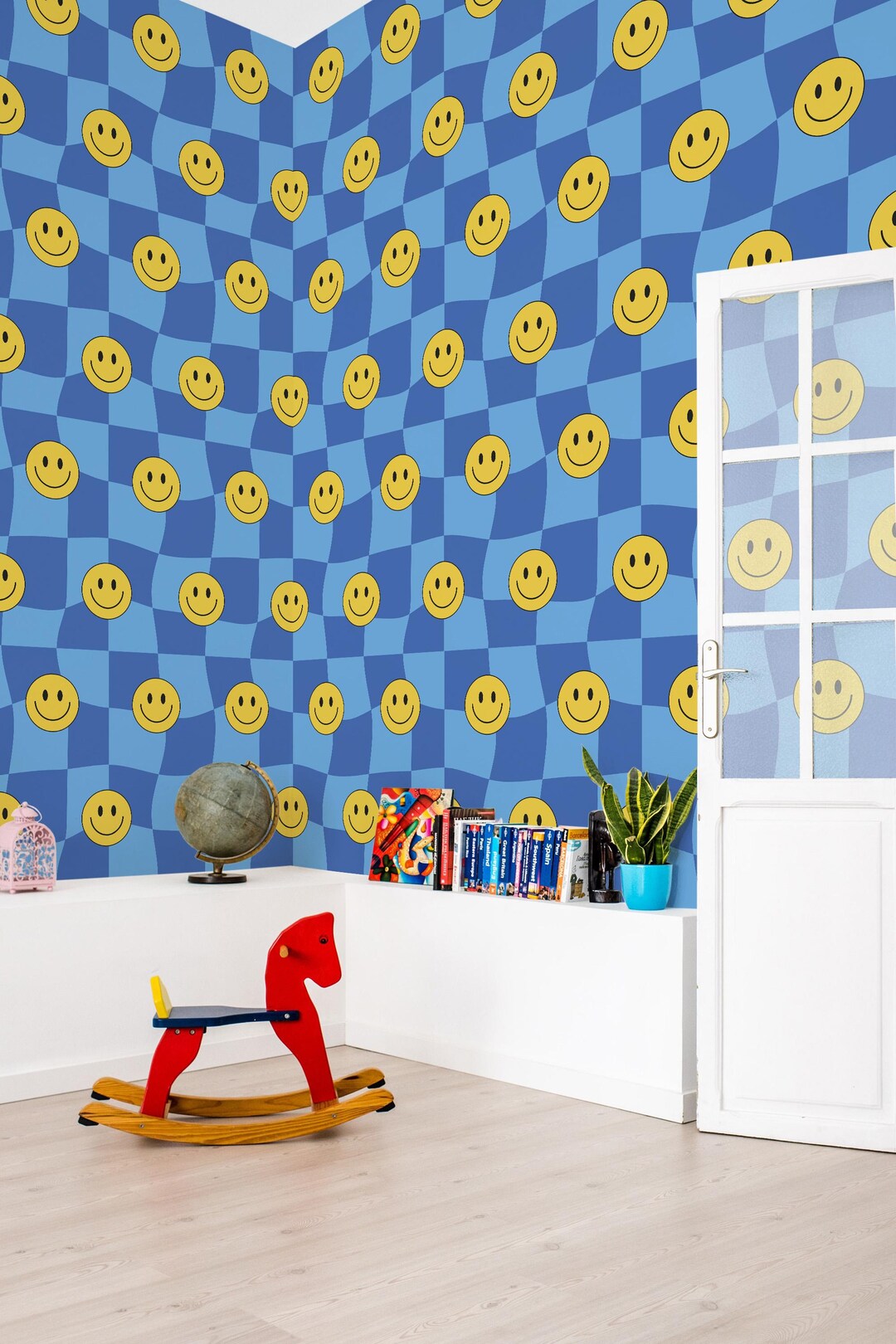 Blue Funky Wallpaper | Checkers and Smileys Peel and Stick Removable ...
