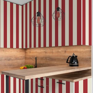 Vintage Red Cream Stripes Kitchen Wallpaper | Bold Vertical Stripe ...