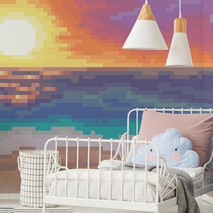 Pixel Sunset Wallpaper / Pixelated Beach Wall Mural / Retro 8 Bit ...