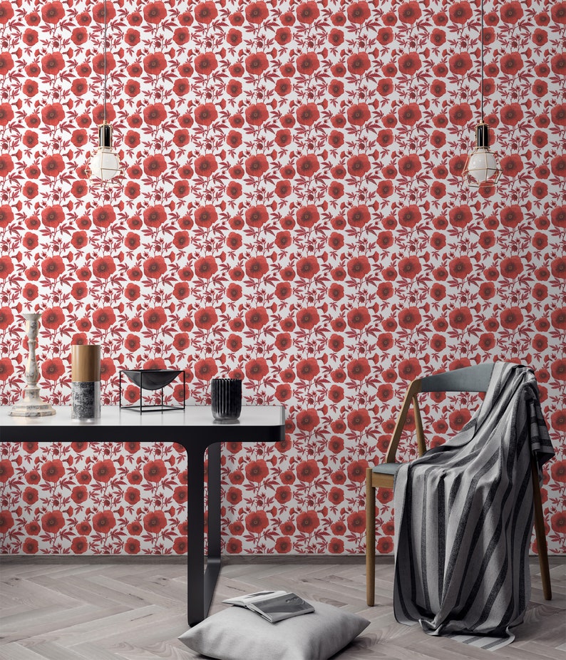 Red Poppy Floral Peel and Stick Wallpaper / Flower Removable - Etsy