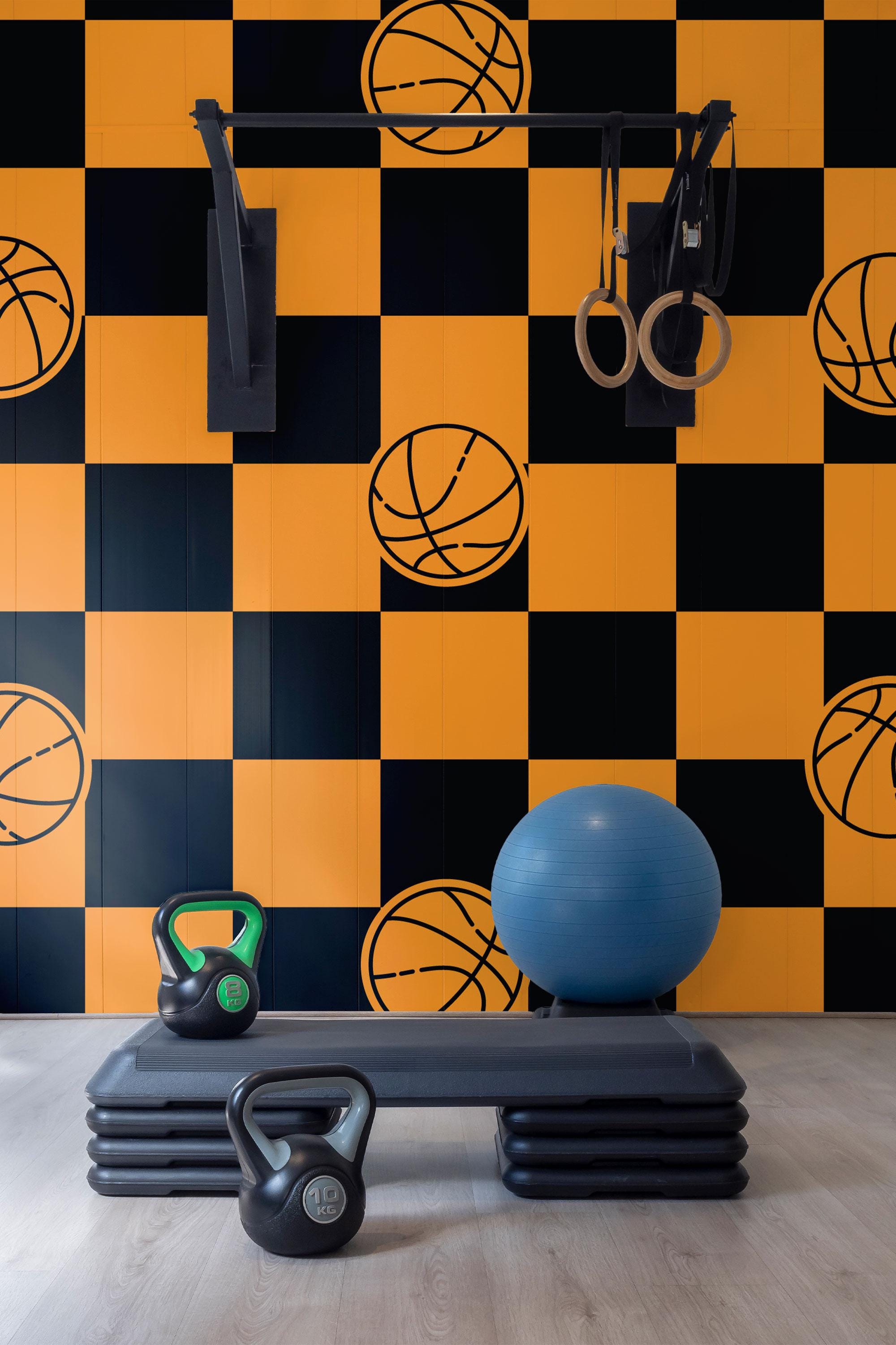 Checkered Basketball Peel and Stick Wallpaper / Orange Sports Wall ...