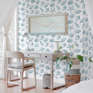 Blue Seashell Peel and Stick Wallpaper / Sea Life Removable Wallpaper ...