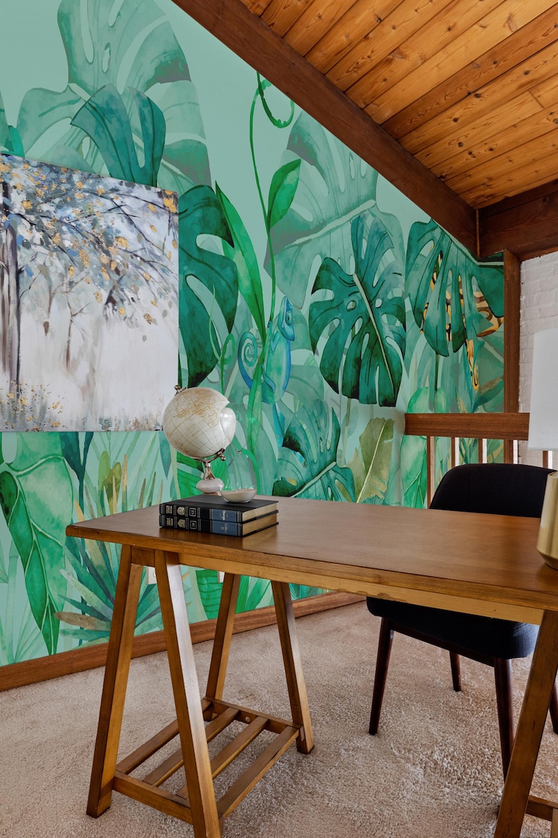 Green Tropical Leaves Wallpaper Mural: Watercolor Jungle Escape With ...