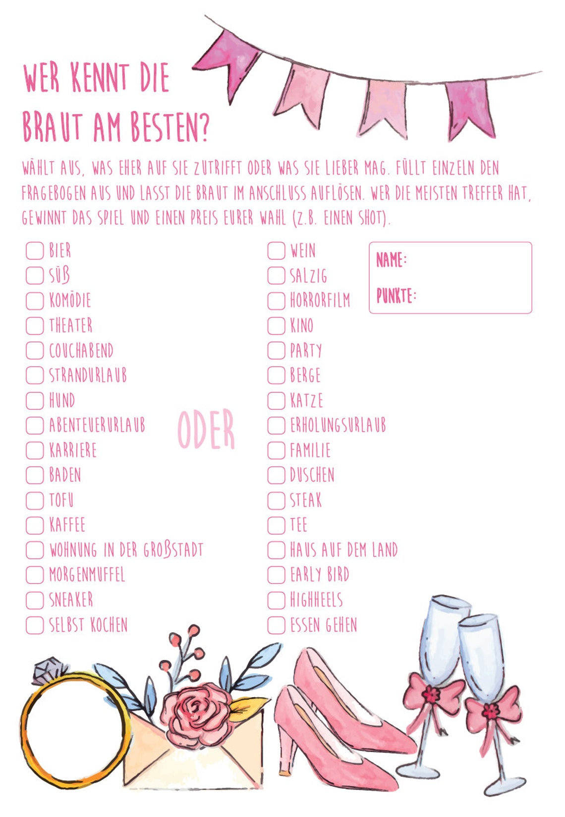 JGA Set/ Junggesellinnenabschied 6 Spiele im Set Gästeposter - Etsy.de