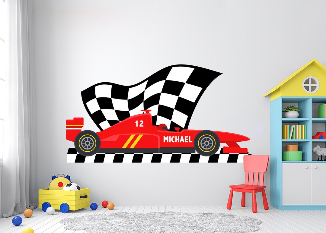 Large Custom Name Racing Car Tire Checkered Flags Wall Decal Wheel ...