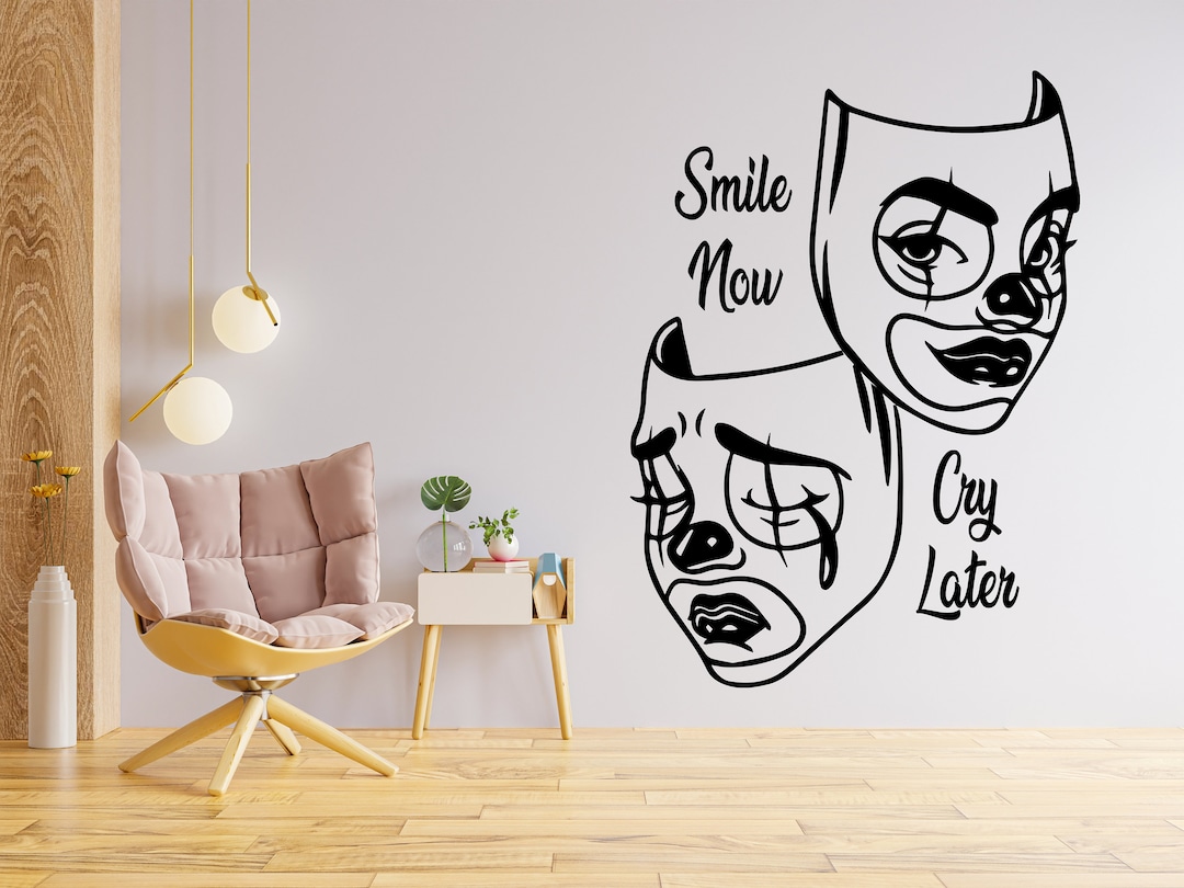 Smile Now Cry Later Wall Decal Clown Mask Minimalist Line Art Wall Home ...