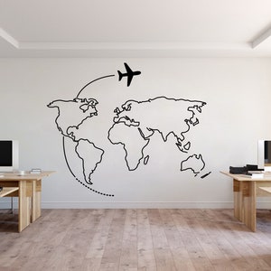Travel World Map Wall Decor Airplane Travel Wall Office Stickers ...