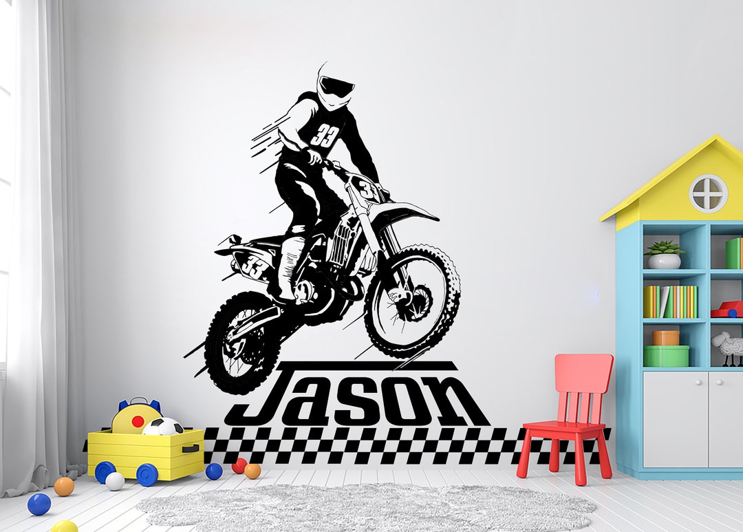 Large Custom Name Motorcross Tire Checkered Flags Wall Decal Wheel ...