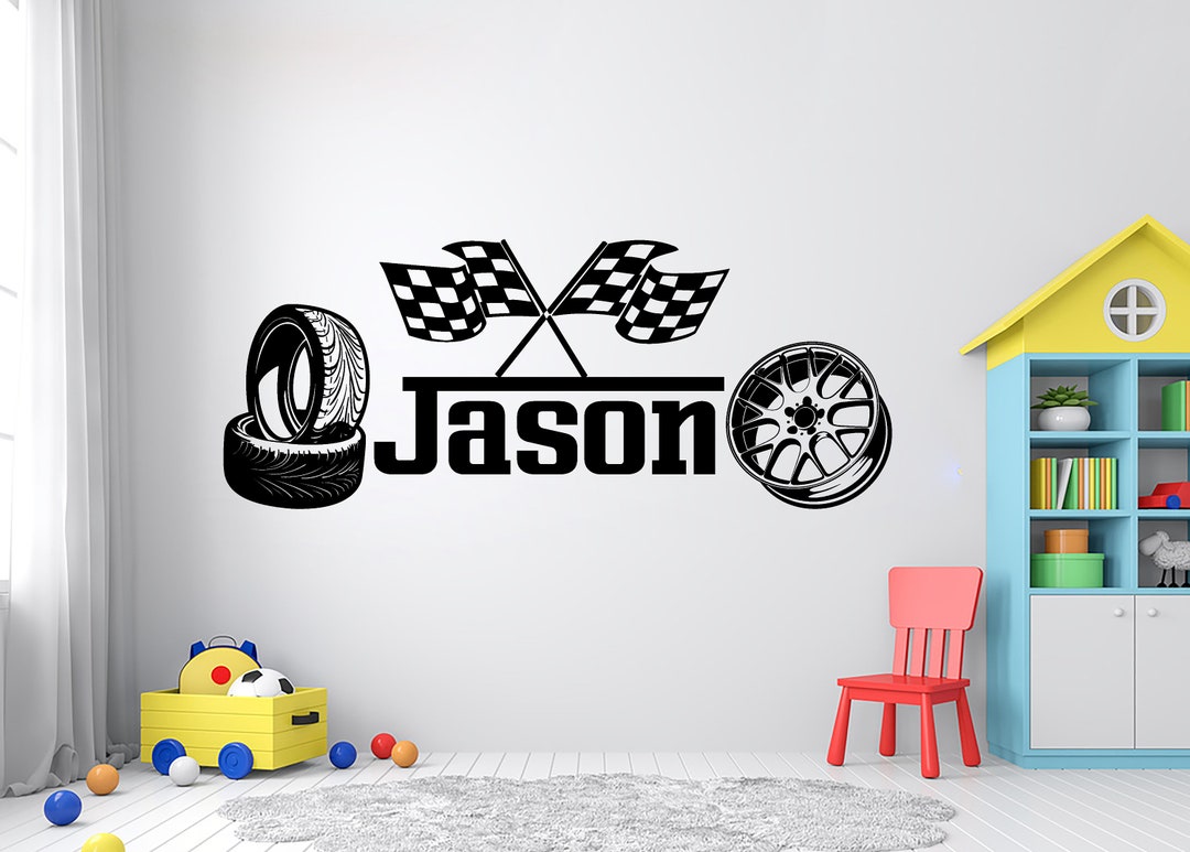 Large Custom Name Racing Car Tire Rims Flags Wall Decal Wheel Decal ...