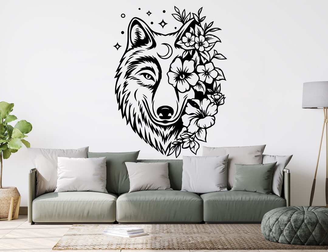 Wolf With Flowers Wall Decal Animal Nature Wolf Dog Animals Anime Wall ...