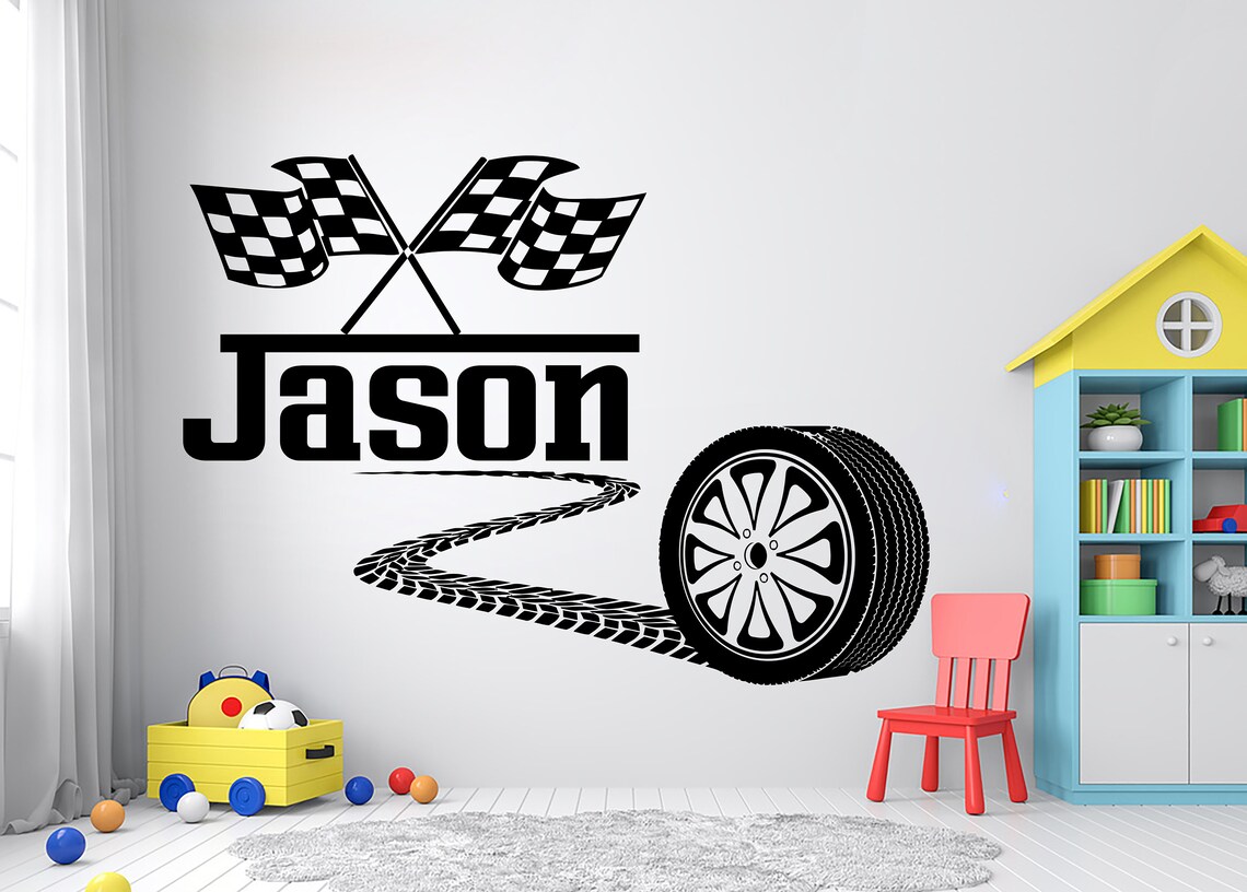 Large Custom Name Racing Car Tire Checkered Flags Wall Decal - Etsy