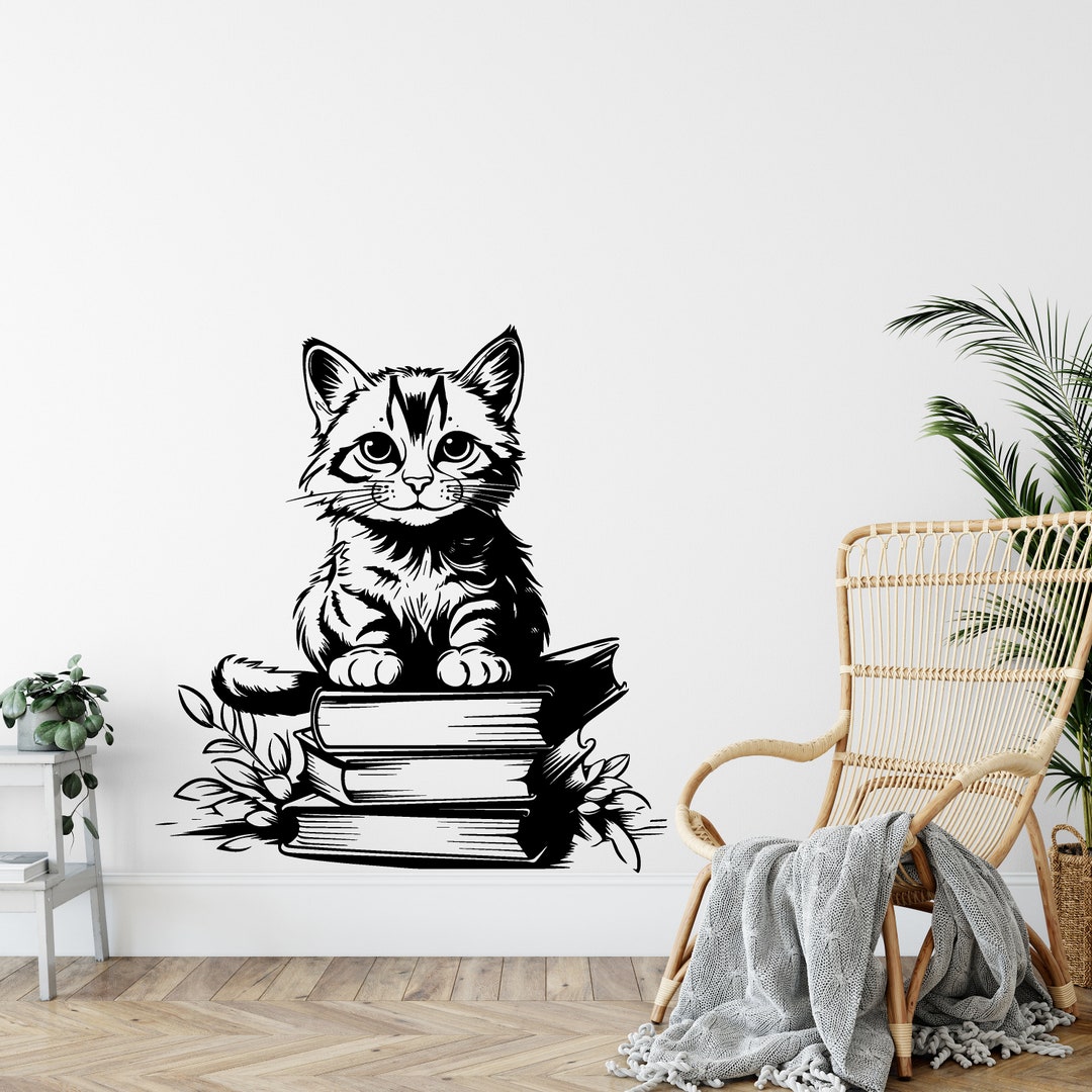 Cat Reading Book Cat Wall Decal Cat Decor Cat Kids Cat Wall Art Decal ...