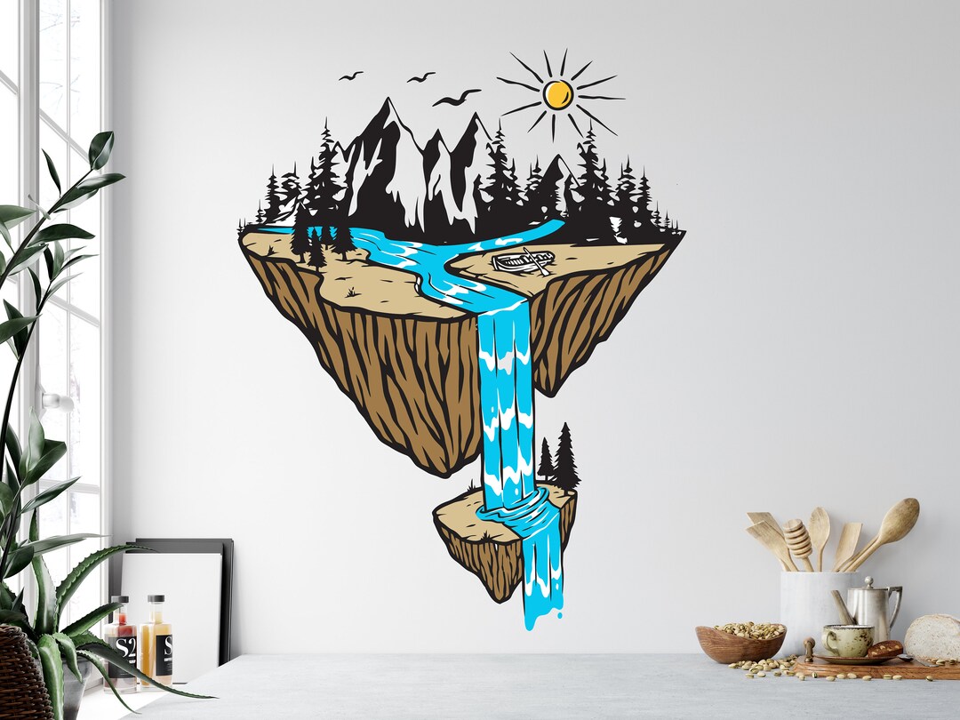 Waterfall Wall Decal, Mountain River Tree Wall Art Modern Wall Stickers ...