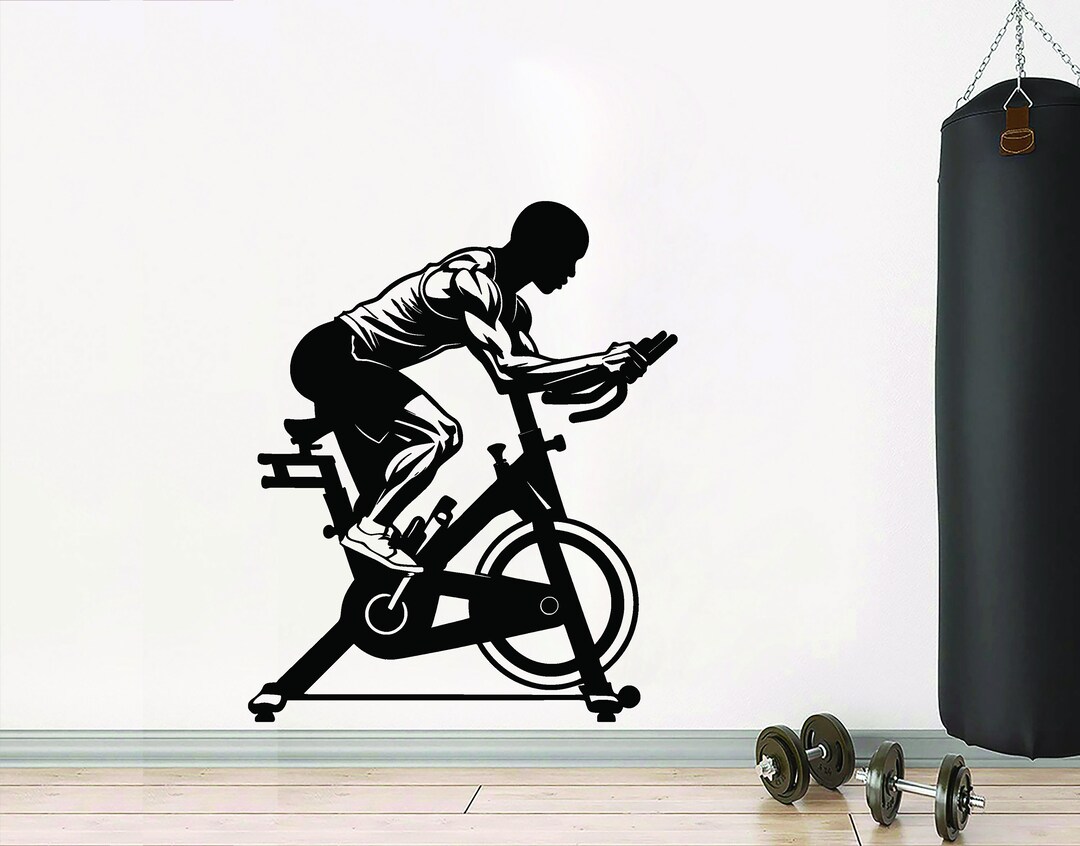 Afro Men Spin Bike Gym Wall Decal Power Fitness Decor Workout Art Vinyl ...