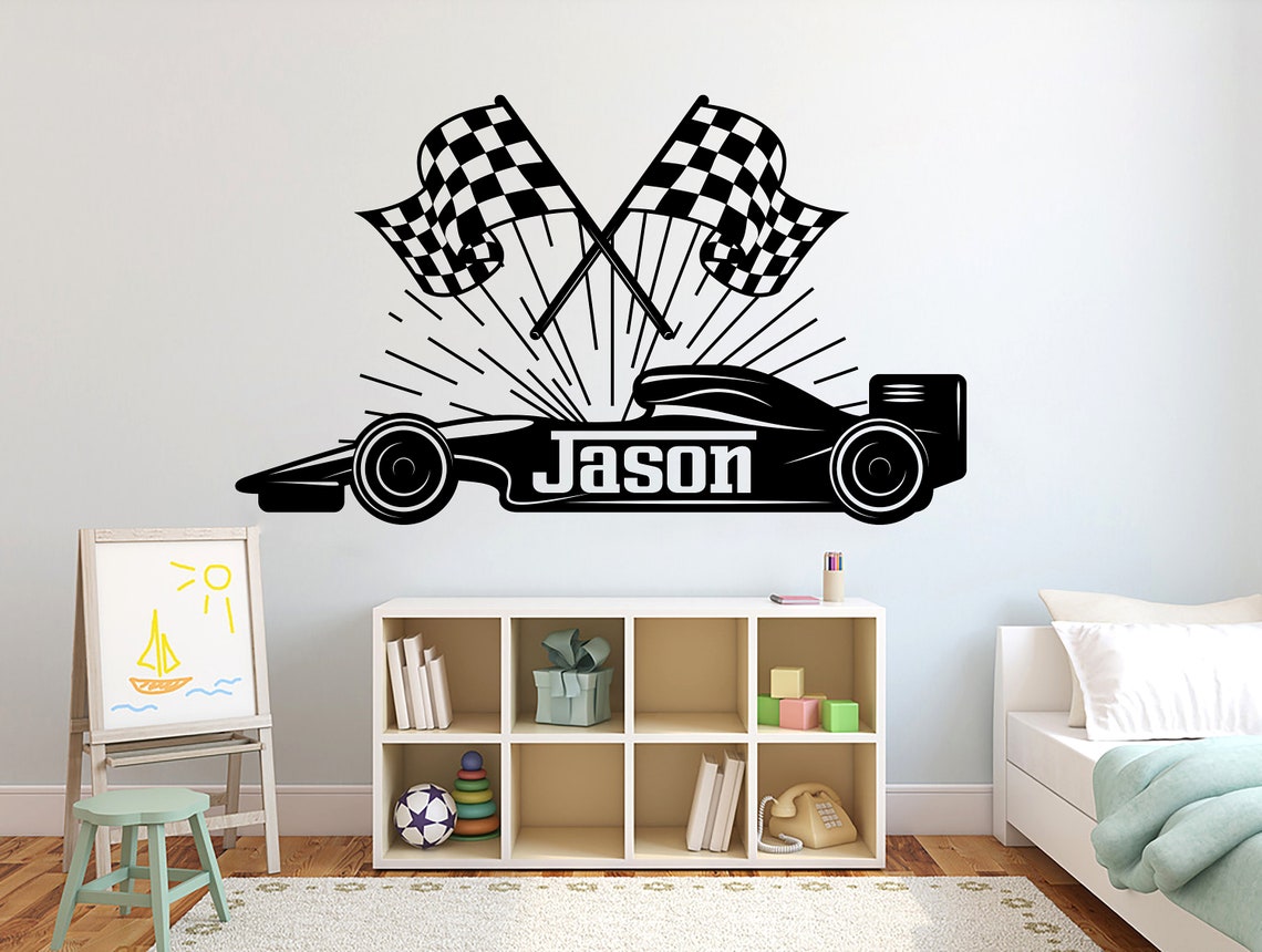 Large Custom Name Racing Car Tire Checkered Flags Wall Decal - Etsy